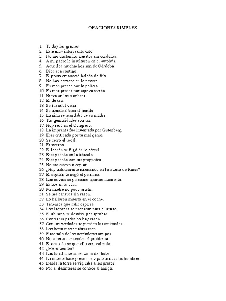 Simple Sentences in Spanish (Oraciones simples en español) | PDF