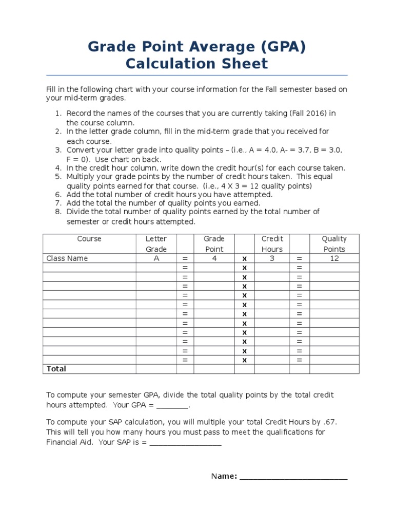 Gpa Calculation Sheet 201610 | PDF | Career & Growth | Finance & Money ...
