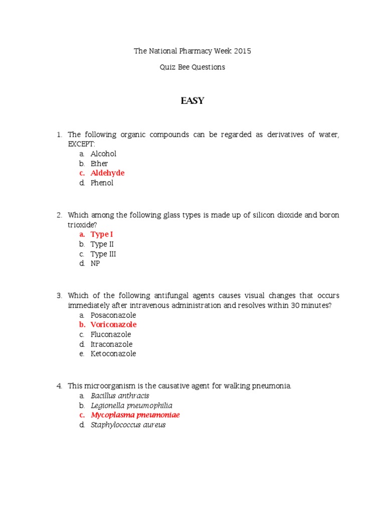 The National Pharmacy Week 2015 Quiz Bee Qs | PDF | Boron | Phosphoric Acid