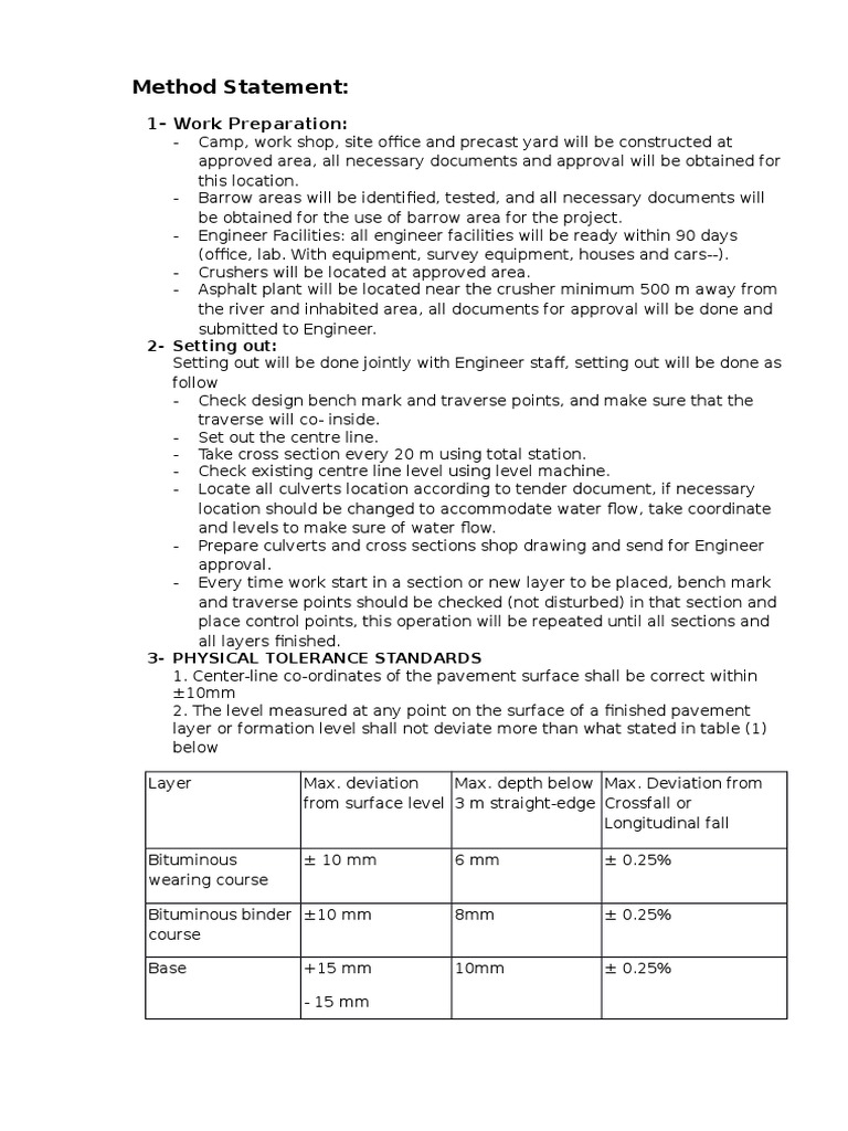 Road Construction Method Statement | PDF | Asphalt | Concrete