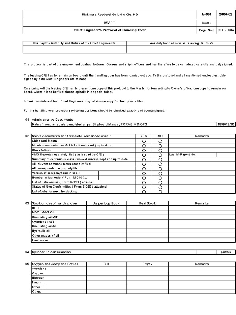 A-080 Handover Chief Eng | PDF | Fuel Oil | Diesel Engine