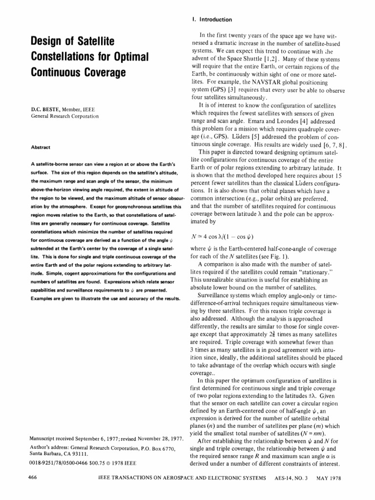 Design of Satellite Constellations For Optimal Continuous Coverage | PDF | Satellite | Circle
