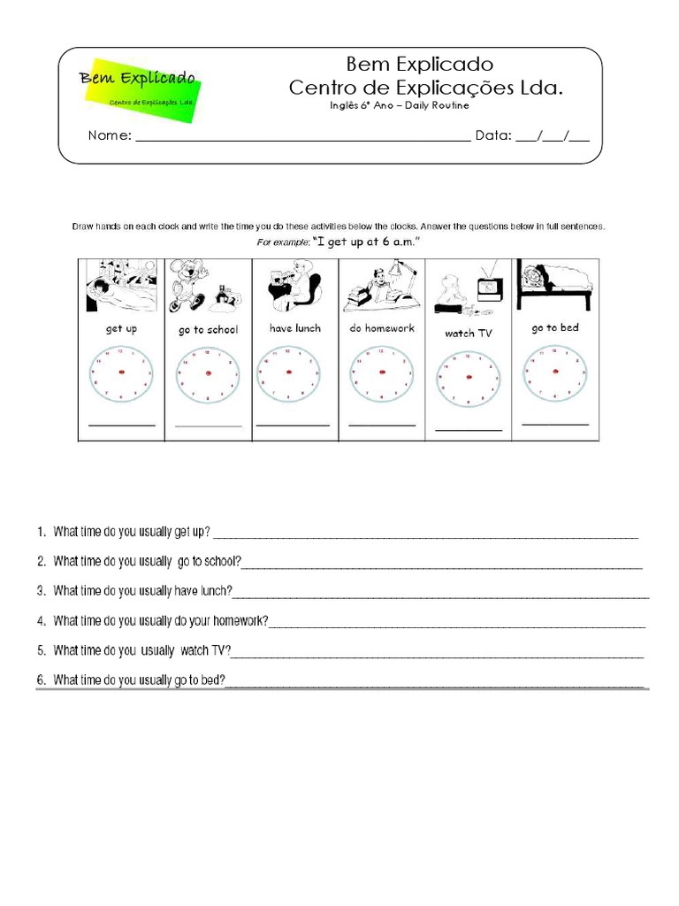Fichas de Daily Routine - 6º Ano | PDF