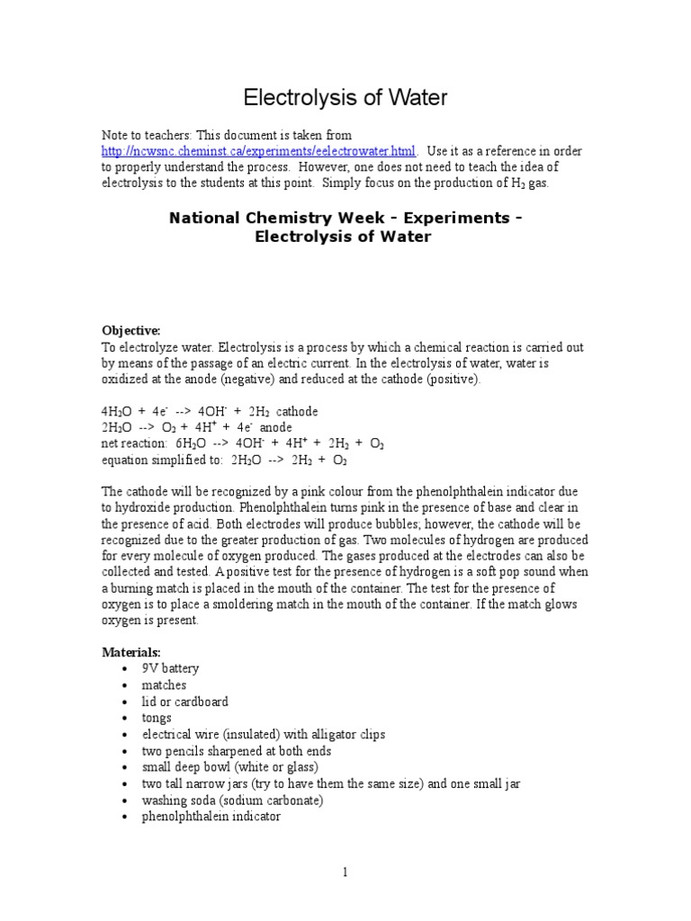 Electrolysis of Water - Experiment | PDF | Electrochemistry | Chemical ...