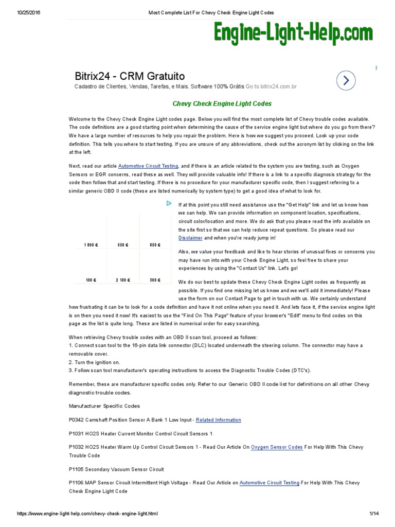 Most Complete List For Chevy Check Engine Light Codes | PDF | Ignition System | Transmission ...