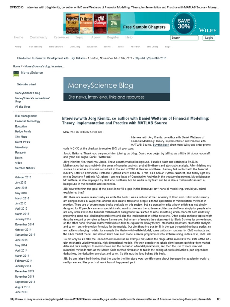Interview With Jörg Kienitz of Financial Modelling Book | PDF | Mathematical Finance | Numerical ...