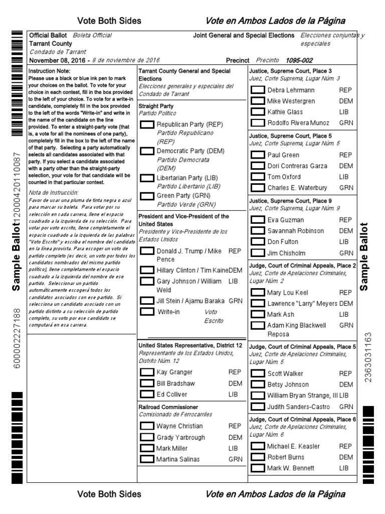 Tarrant County Sample Ballot 2016 | PDF | Politics Of The United States ...