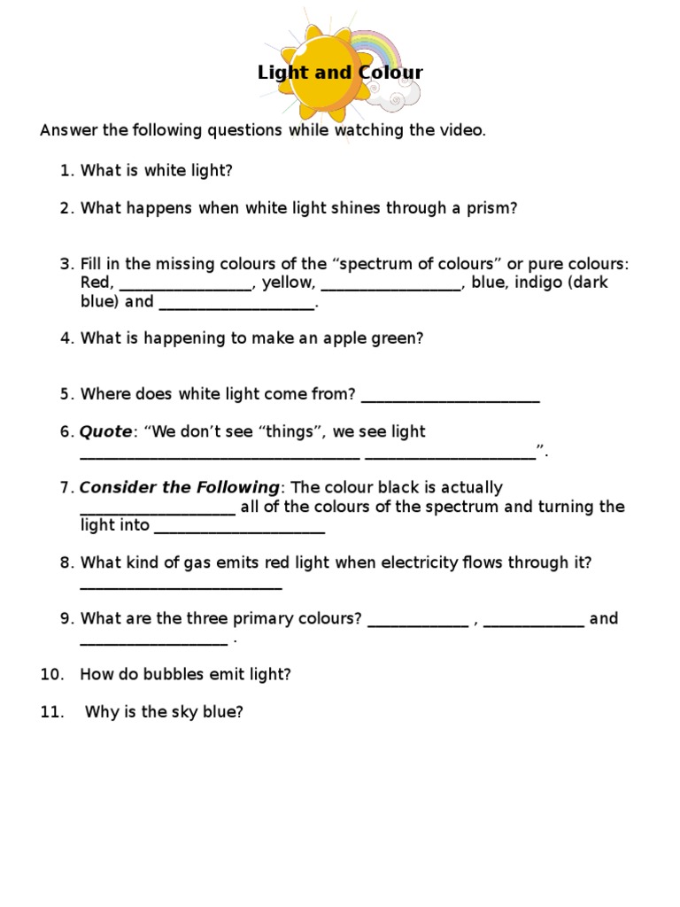 Simple Light and Color Worksheet (Bill Nye) | PDF | Blue | Color
