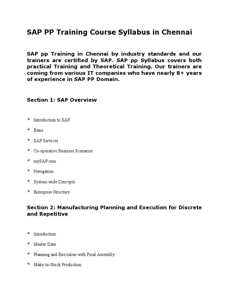 Sap PP Course Syllabus In Chennai PDF