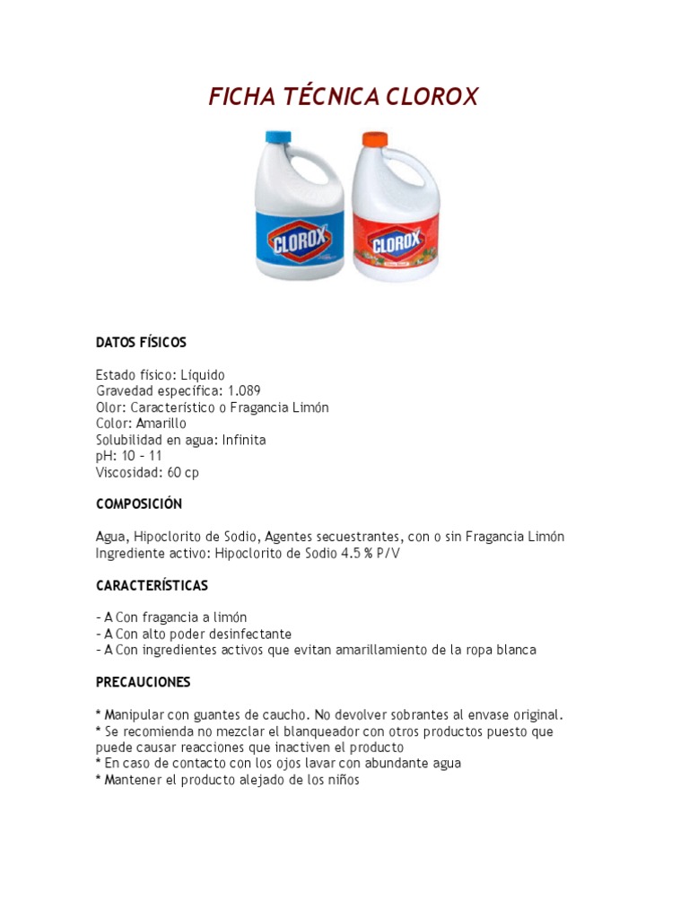 Ficha Técnica Clorox | Sustancias químicas | Compuestos químicos
