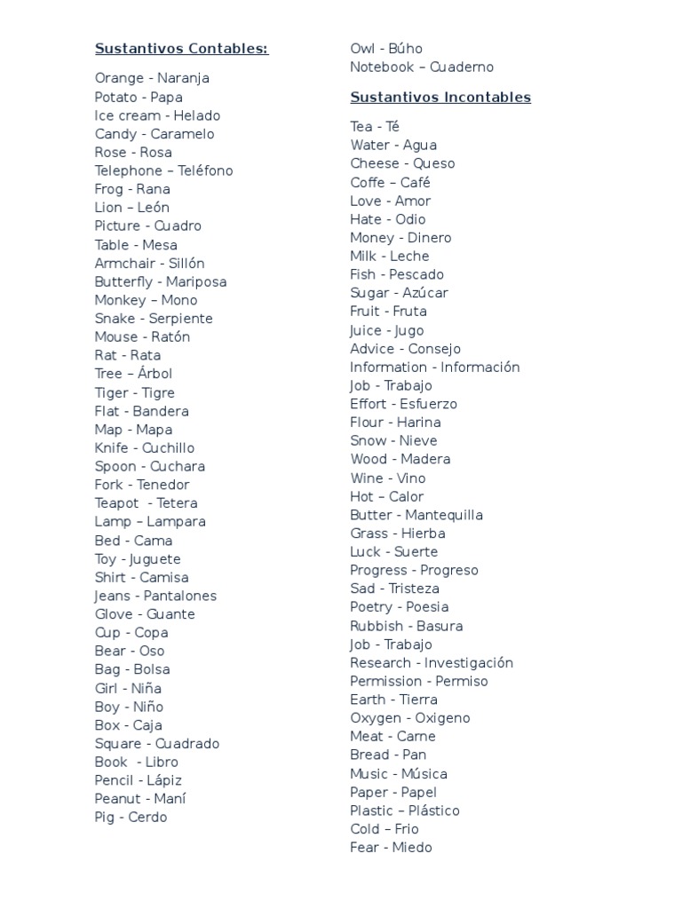 Sustantivos Contables Palabras INCONTABLES “convertidas” En