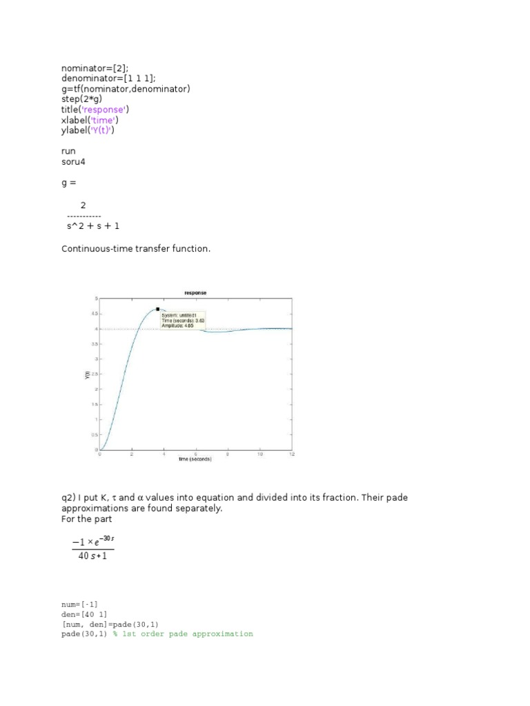 'Response' 'Time' 'Y (T) ': % 1st Order Pade Approximation | PDF | Teaching Methods & Materials ...