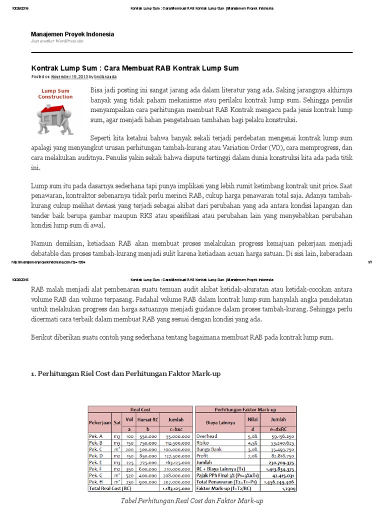 RAB untuk Kontrak Lump Sum Konstruksi | PDF | Bisnis | Pengelolaan ...