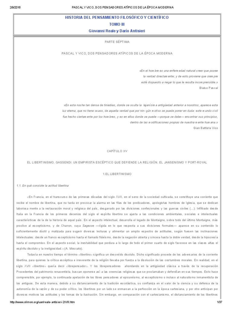 Pascal y Vico, Dos Pensadores Atípicos de La Época Moderna Historia Del Pensamiento Filosófico y ...