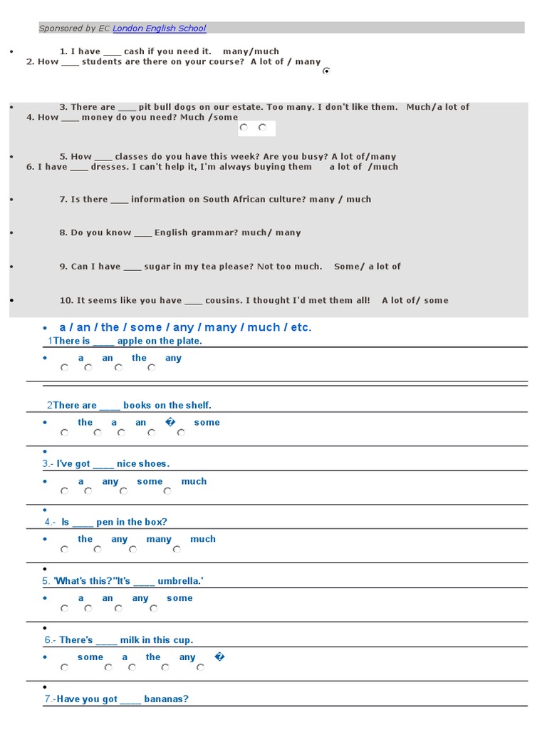 A / An / The / Some / Any / Many / Much / Etc.: London English School | PDF