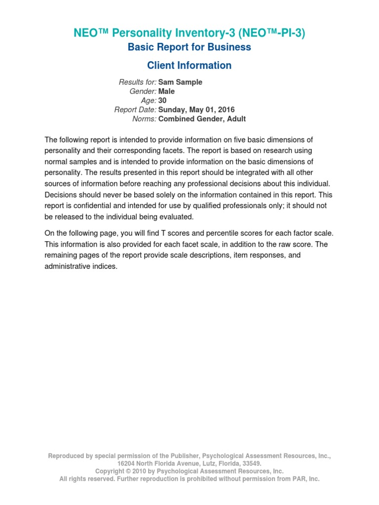 NEO PI 3 BRB Sample Report | Metaphysics Of Mind | Psychological Concepts