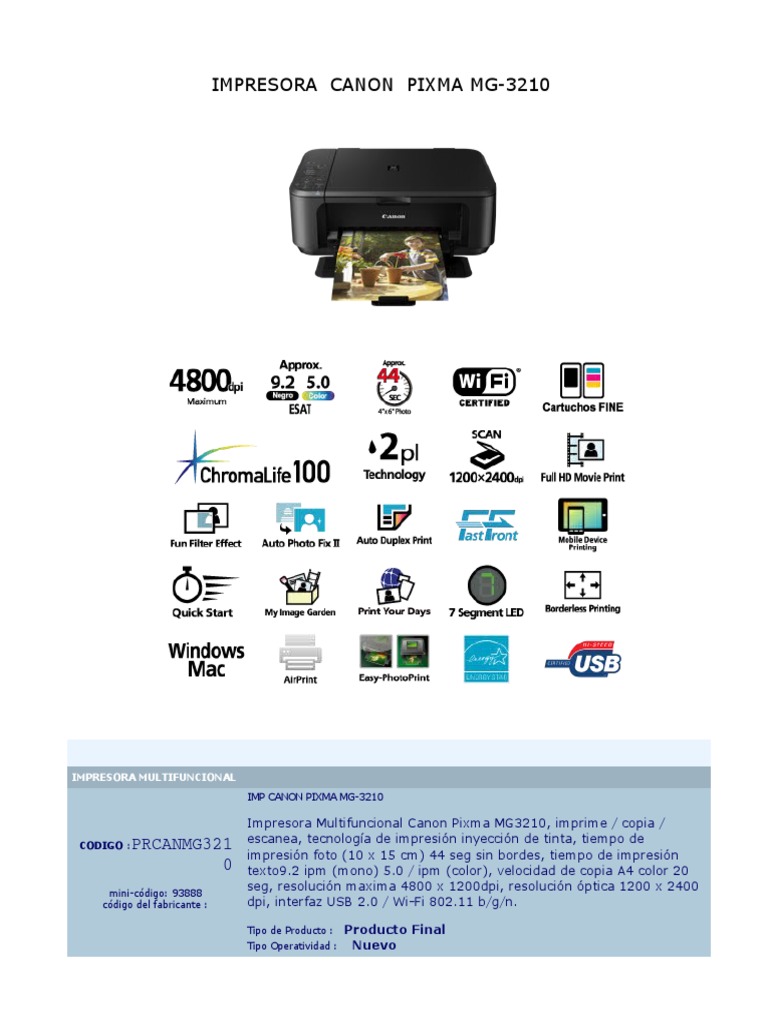 Impresora Canon Pixma MG 3210 | PDF | Impresora (Computación ...