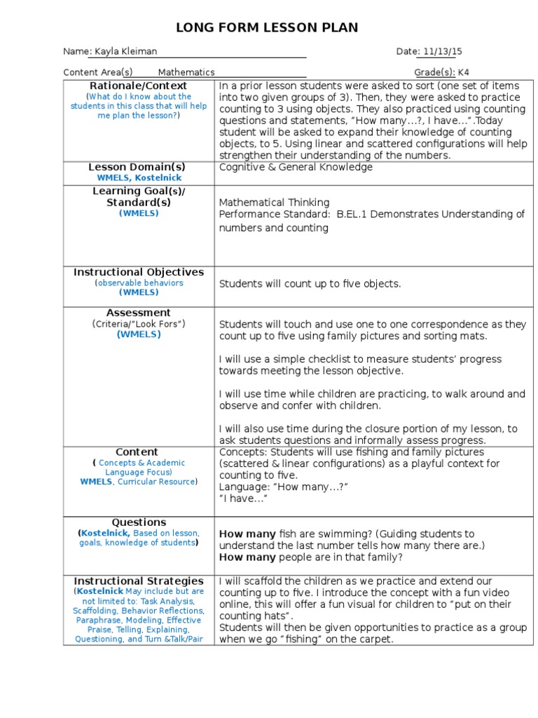 Long Form Lesson Plan: Rationale/Context | PDF | Educational Assessment ...