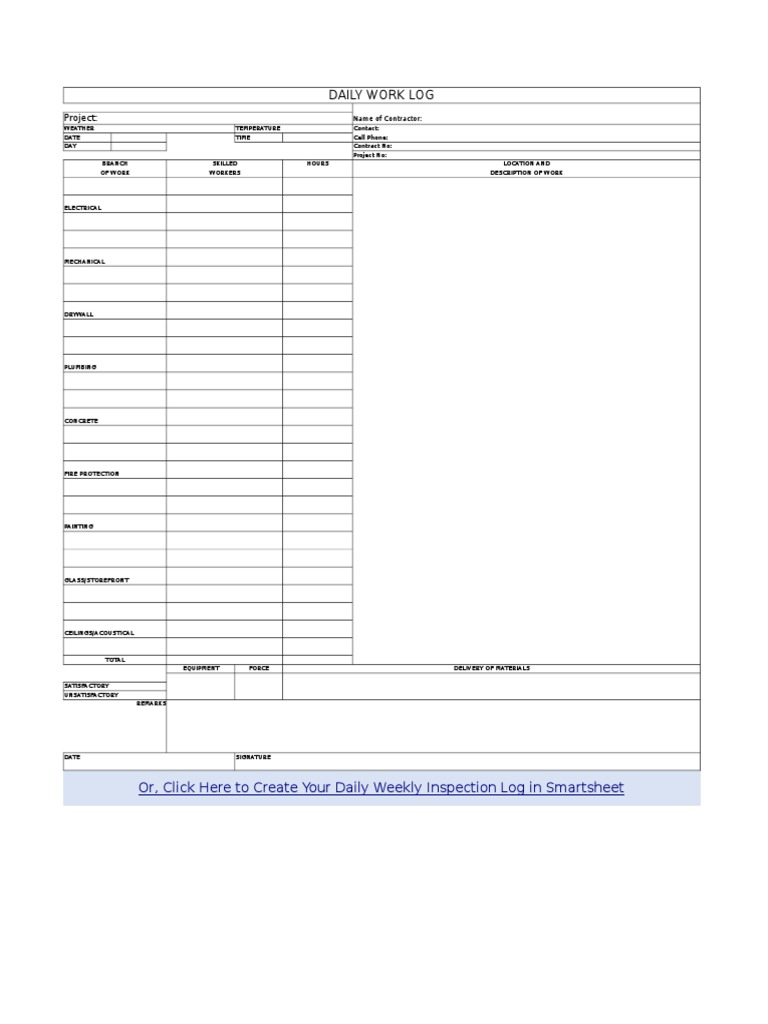 Daily Work Log: Or, Click Here To Create Your Daily Weekly Inspection ...