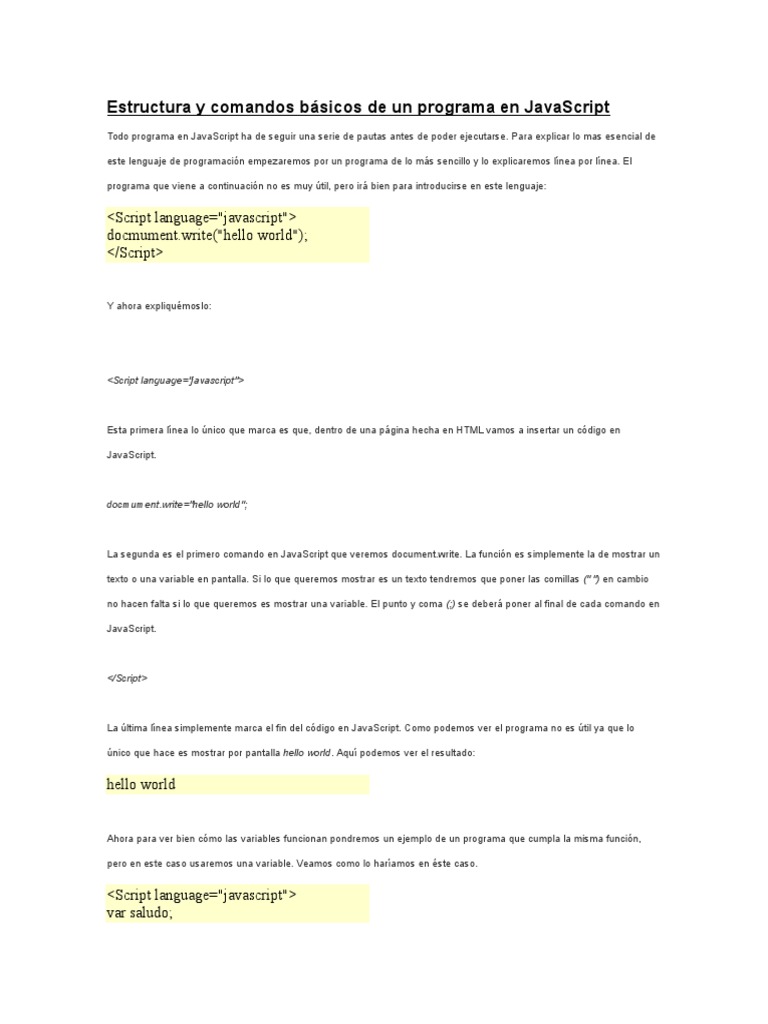 Estructura y Comandos Básicos de Un Programa en JavaScript | Descargar gratis PDF | Script Java ...