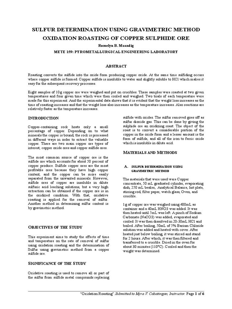 Oxidation Roasting of Copper Sulfide | PDF | Sulfur | Sulfide