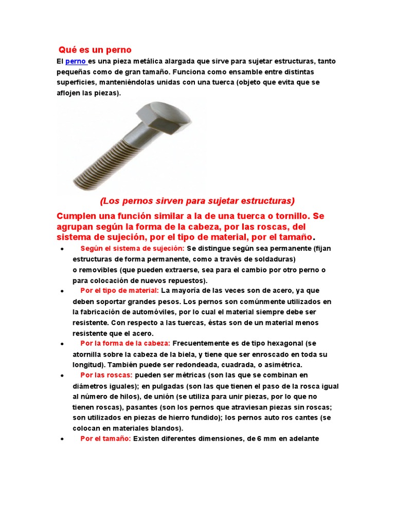 Tipos y características de pernos | PDF | Tornillo | Materiales de ...
