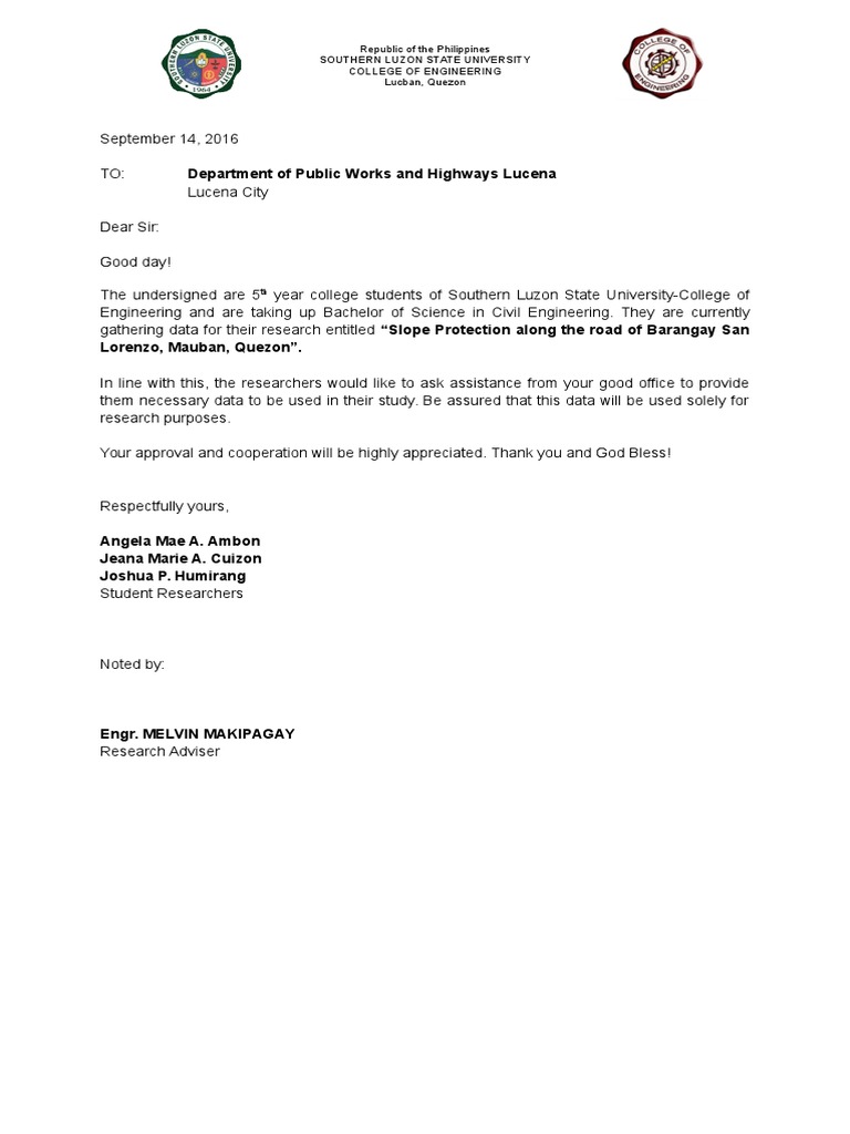 Formal Letter To DPWH | PDF | Science | Transport