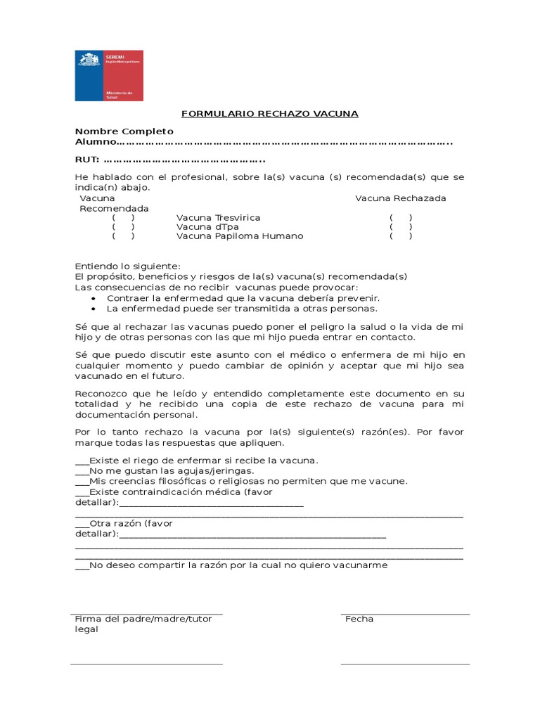 Formulario de Rechazo de Vacuna 2025 | PDF