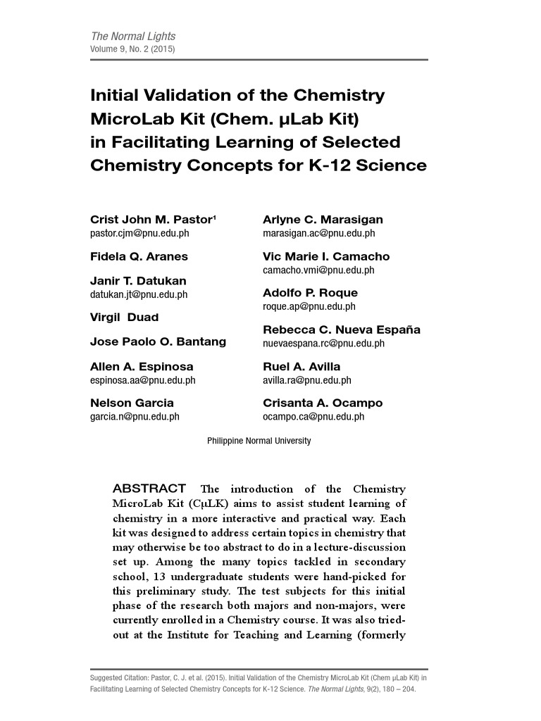 Initial Validation of the Chemistry MicroLab Kit (Chem. μLab Kit) in ...