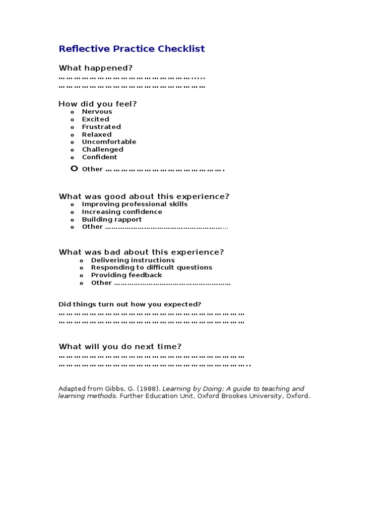 Reflective Practice Checklist Guide | PDF | Self-Improvement