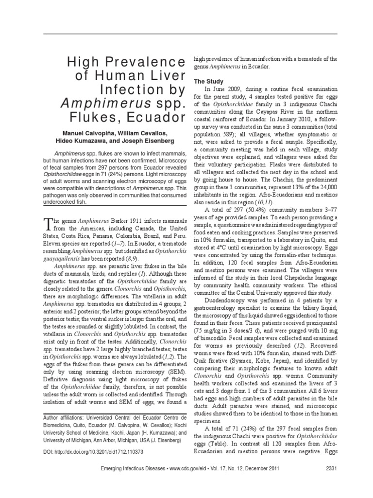 High Prevalence of Human Liver Infection by Flukes, Ecuador: Amphimerus ...
