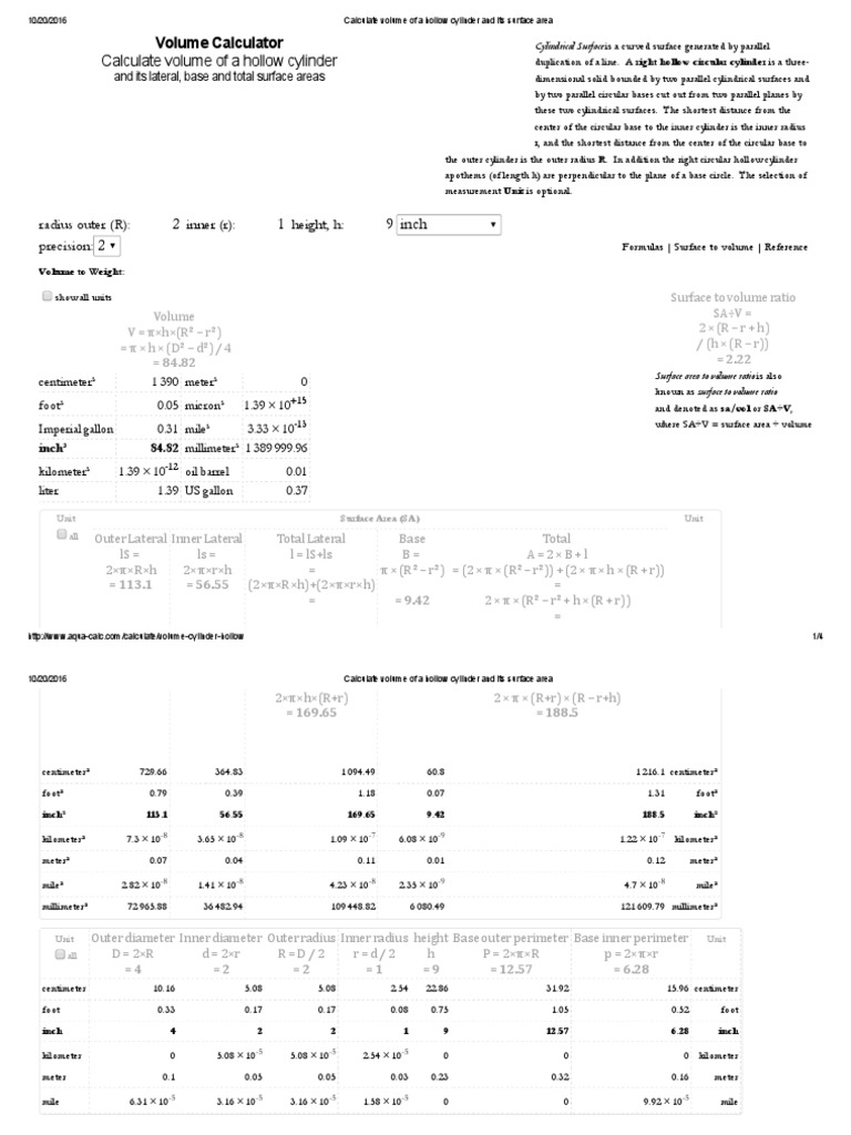 Calculate Volume of a Hollow Cylinder and Its Surface Area | Volume ...