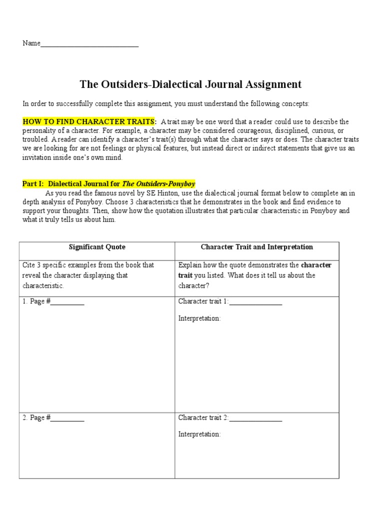 Dialectical Journal for The Outsiders | PDF | Novels | Psychology