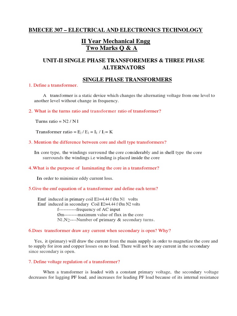 UNIT-II Transformers & Alternator-2marks | PDF | Transformer | Inductor