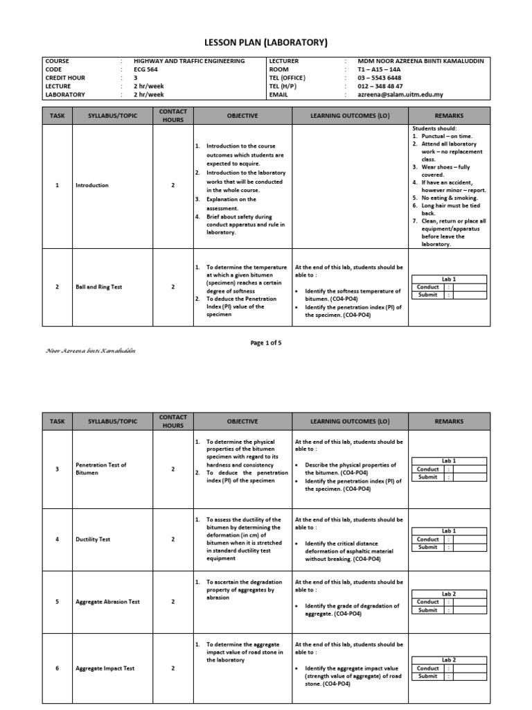Lesson Plan (Lab - Ecg564) | Laboratories | Ductility
