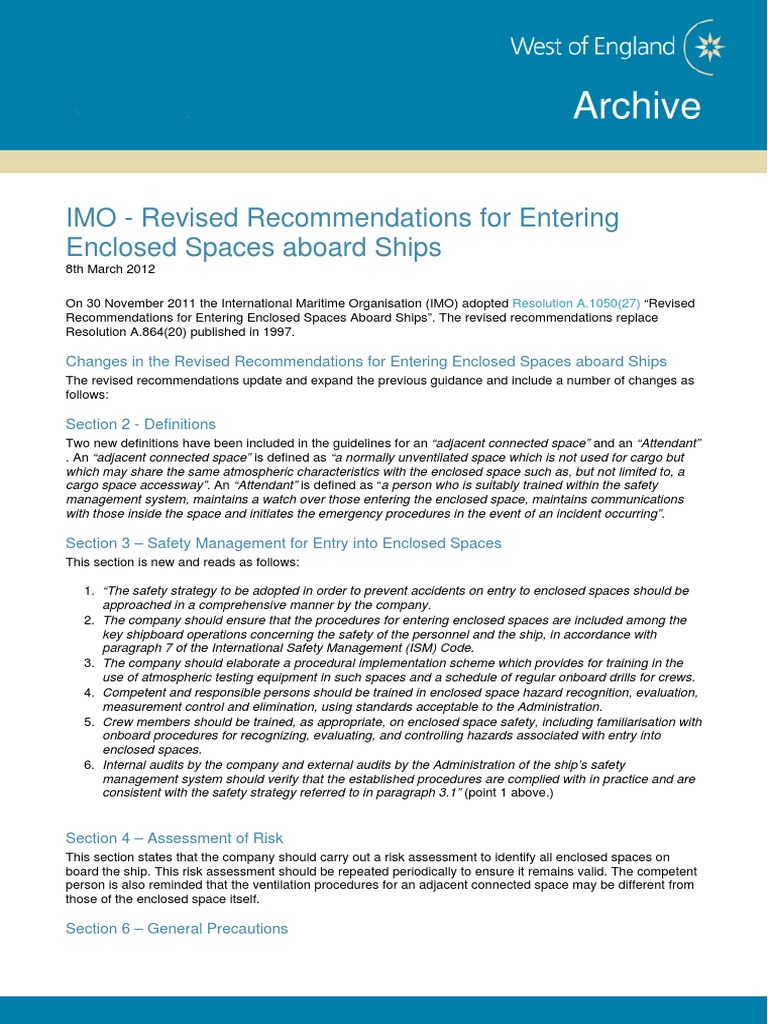 Imo Revised Recommendations For Entering Enclosed Spaces Aboard Ships ...