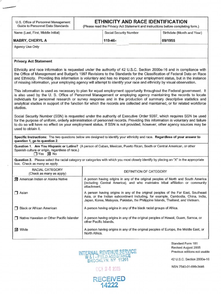 Ethnicity and Race Identification - Standard Form - 181 | PDF