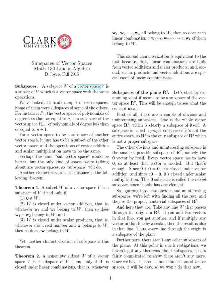 Subspace S Pdf Linear Subspace Vector Space
