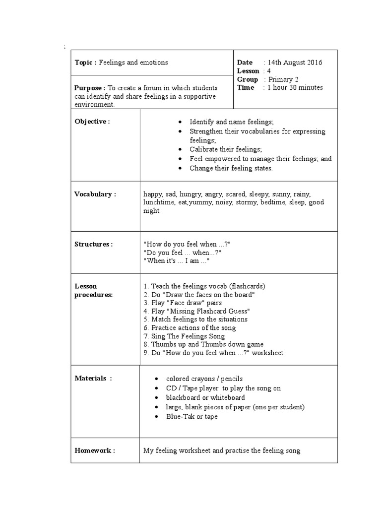 Feeling Lesson Plan For Cambridge | PDF