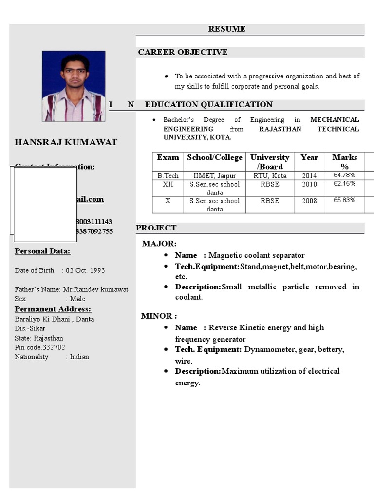 Mechanical Engineer Resume of Hansraj Kumawat | PDF | Technology ...