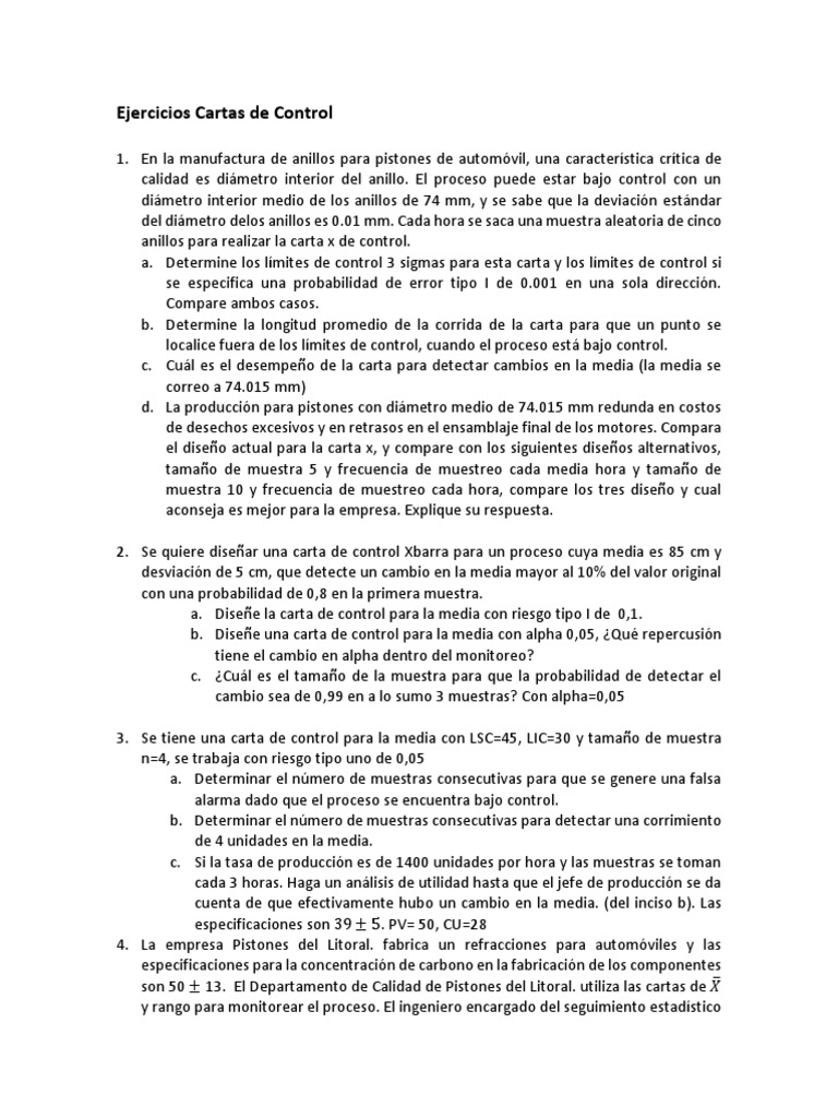 Ejercicios Cartas de Control | PDF | Muestreo (Estadísticas) | Probabilidad Ejercicios Cartas de Control | PDF | Muestreo (Estadísticas) | Probabilidad