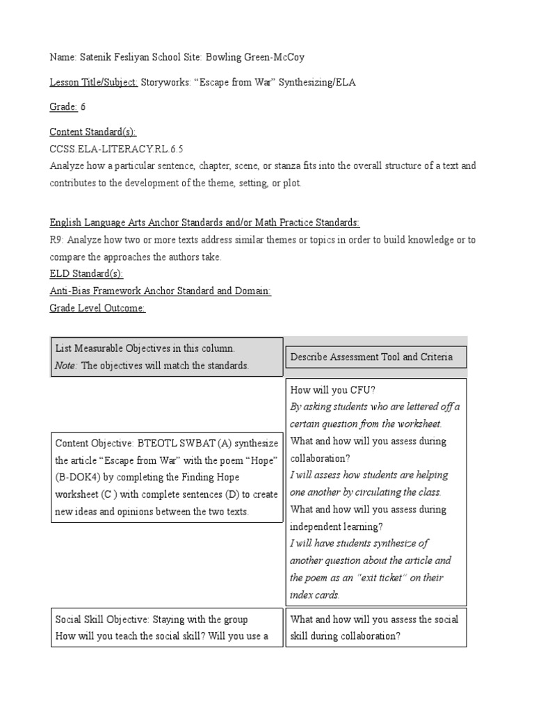 Storyworks Escape From War | PDF | Question | Worksheet