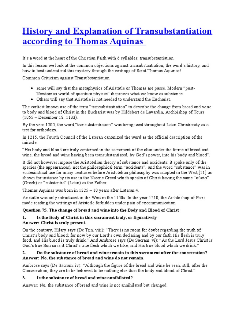 History and Explanation of Transubstantiation According To Thomas ...