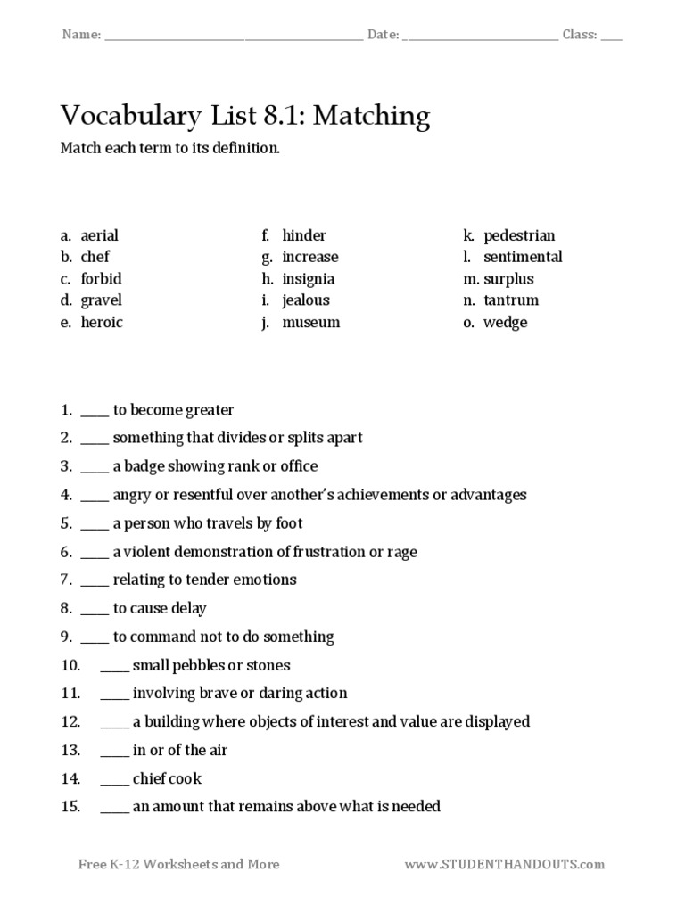 Vocabulary Matching Worksheet K-12 | PDF