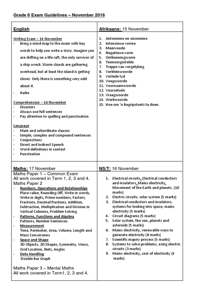 Grade 6 Exam Guidelines November 2016 | PDF | Sentence (Linguistics ...