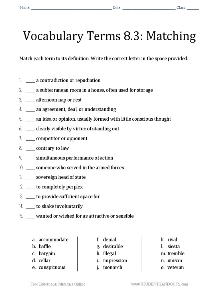 8.3 Vocabulary Terms Matching Worksheet | PDF