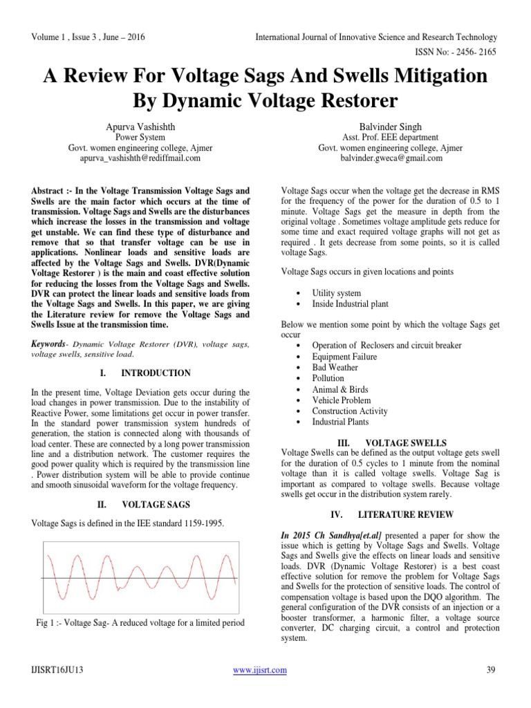 A Review For Voltage Sags and Swells Mitigation by Dynamic Voltage Restorer | PDF | Power ...