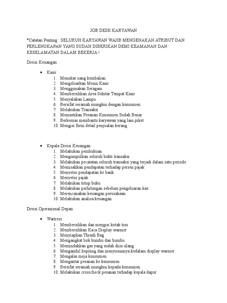 Job Desk Karyawan Perusahaan Makanan | PDF | Pengelolaan Keuangan ...