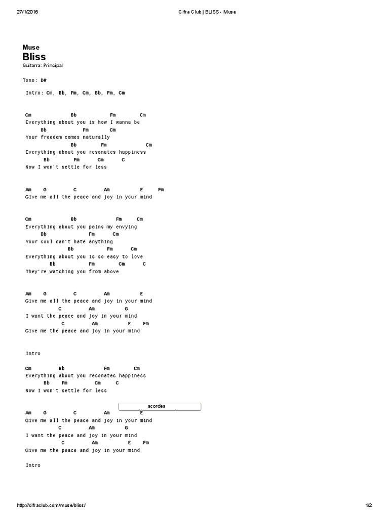 Muse "Bliss" Guitar Chords & Tabs | PDF | Sports & Recreation