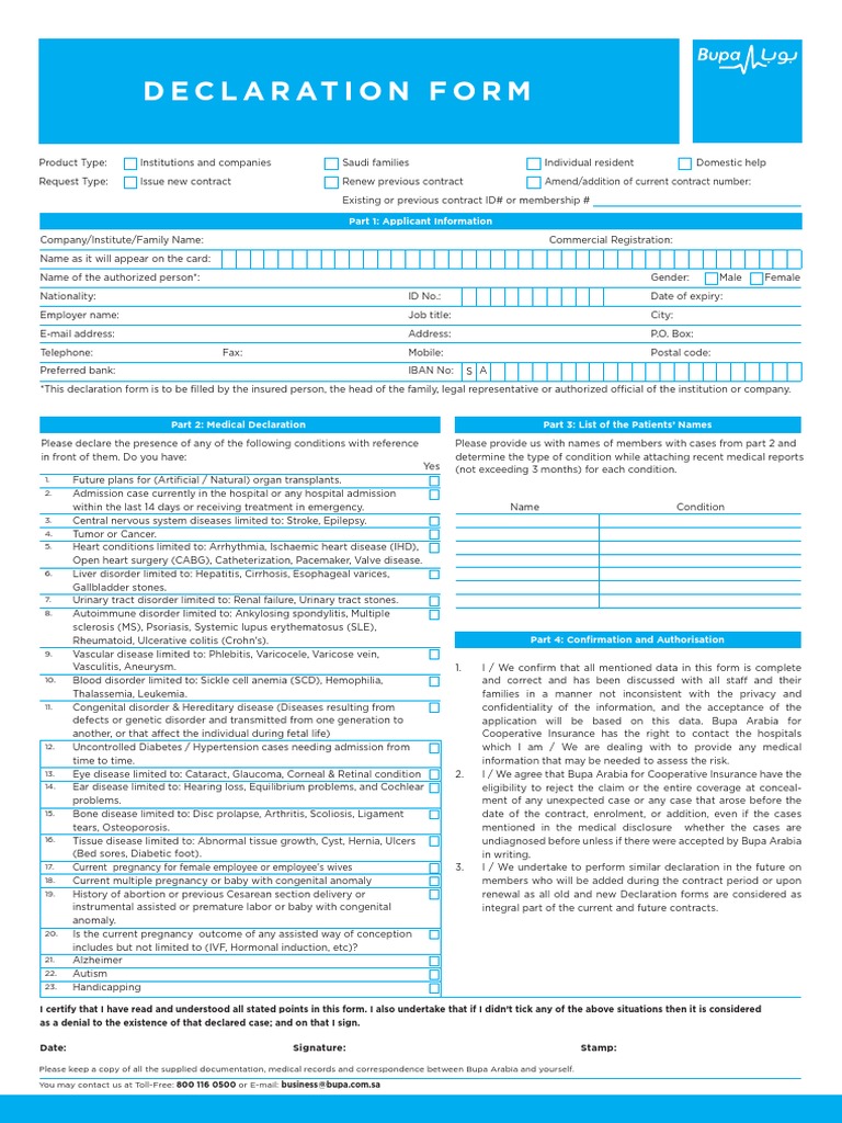 Medical Declaration Form - Less Than 50 - English | PDF | Congenital ...